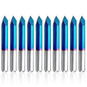 10pcs Triangular CNC Router Bits V-Bit, 60 Degree 0.1mm Engraving Bits, 1/8” Shank Nano Blue Coating Sharp Pyramid Bits for Acrylic Wood MDF Aluminum Lettering Sign Making
