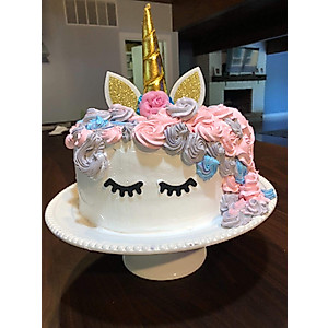 Unicorn Cake Topper with Eyelashes/Gold Unicorn Horn, Ears and Flowers for Birthday Wedding Baby Shower Party Cake Decoration