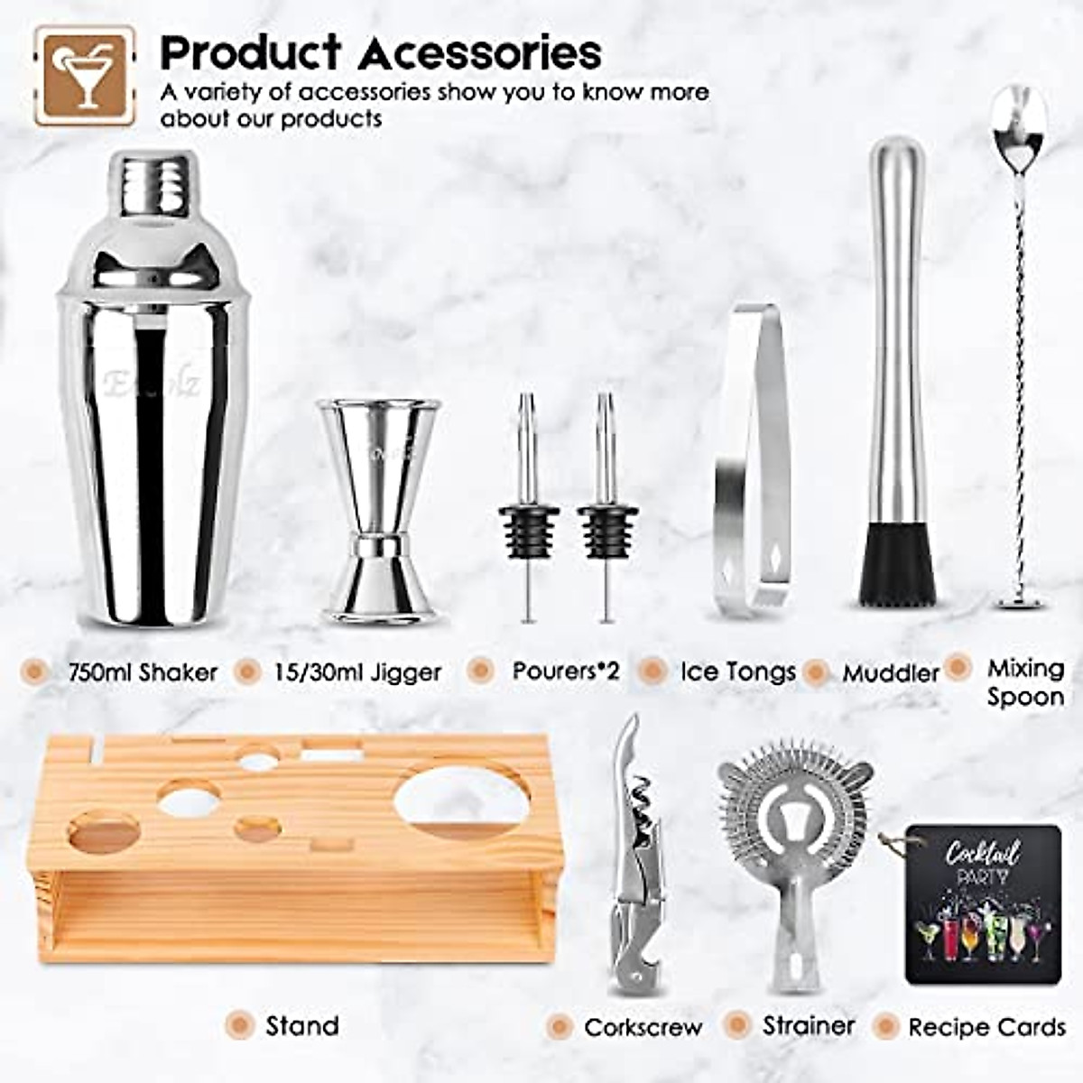 Bartender Kit Cocktail Shaker Set with Stand Bar Tool Bar Set for Drink Mixing Home Bartending Kit 11-Piece Bar Cart Accessories: Martini Shaker, Mixer Spoon, Jigger, Muddler, Strainer & Recipes Gifts