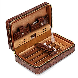 TIME C Club 4-Finger Portable Travel Crocodile Skin-Style Burgundy Leather Cigar Case, Cigar Humidor, Cigar Cutter and Humidifier, Father's Day, Birthday Gift
