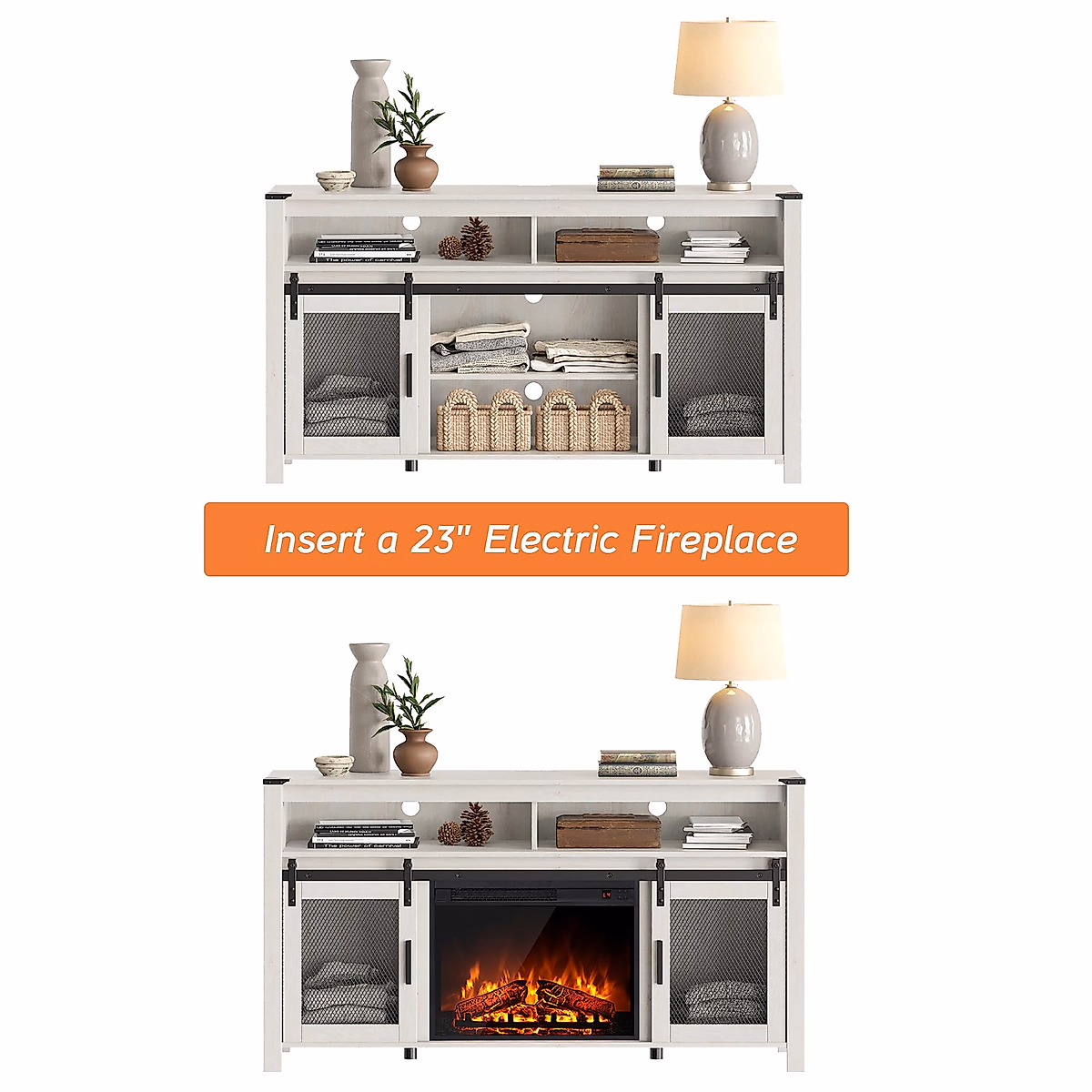 WAMPAT 2-in-1 TV Stand for 100+ Inch TV, Farmhouse & Industrial Media Entertainment Center w/Sliding Mesh Doors, Rustic TV Console w/Storage Shelves&Yellow LED Lights for Living Room, Antique White