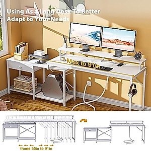 Furologee White L Shaped Desk with LED Lights & Power Outlet, Reversible Corner Computer Desk/91in Long Desk with Fabric Drawer and Shelves, Home Office Gaming Table with Monitor Stand-(55.1+39.4) in