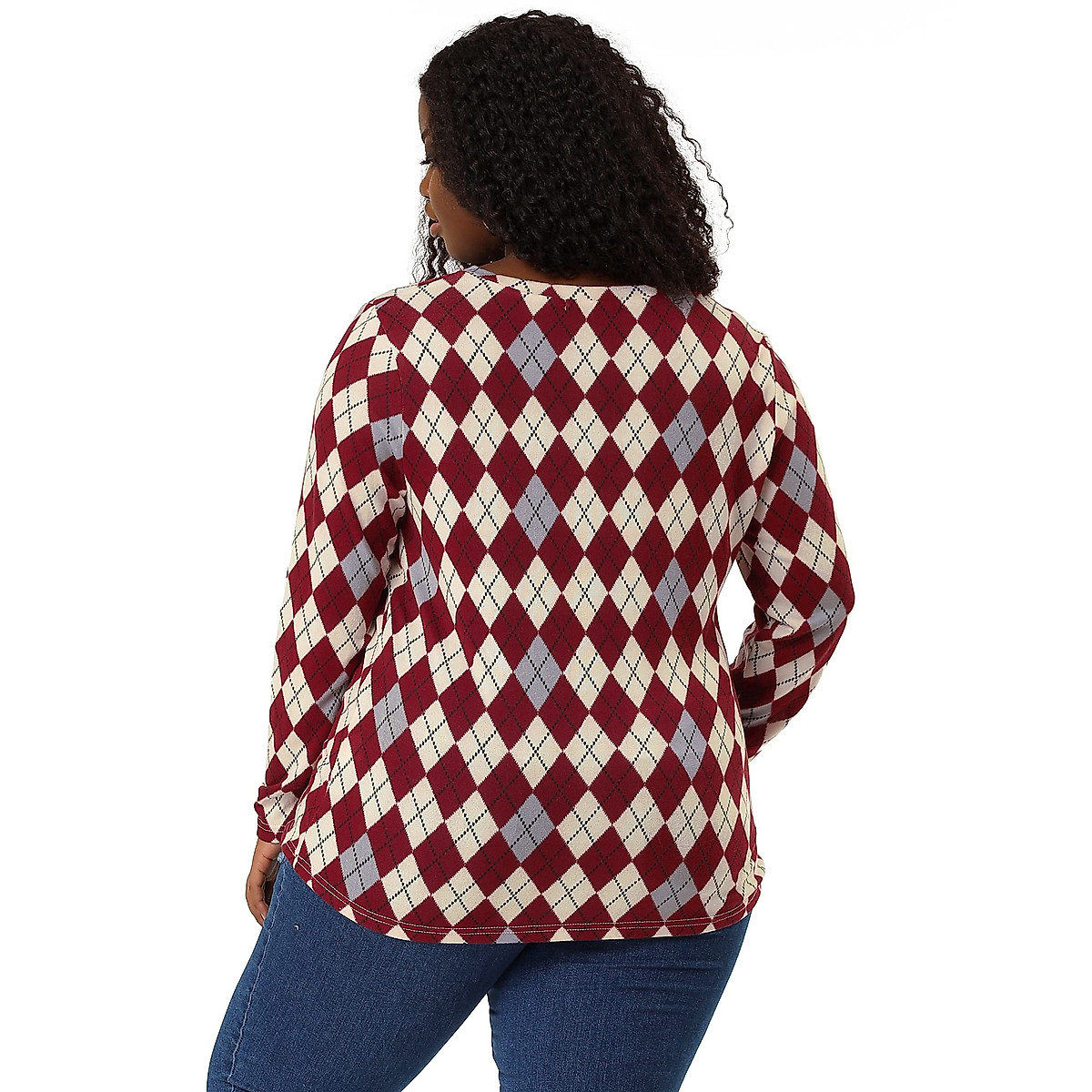 Agnes Orinda Plus Size Knit Tops for Women Argyle Plaid V Neck Long Sleeve Pullover Homecoming T Shirt 4X Red