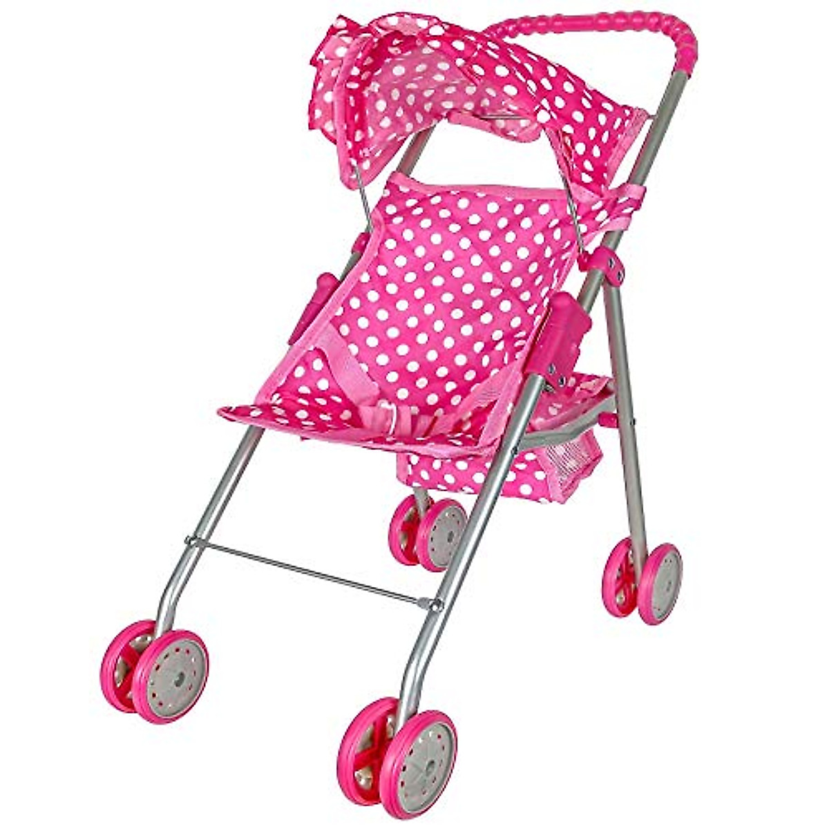 Click N' Play Baby Doll Stroller, Pink & White Polka Dots Baby Stroller for Dolls, Foldable with Hood and Basket, Toy Stroller for Baby Dolls, Doll Strollers for Girls 2 Years Old and Older, Toddlers