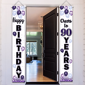 LASKYER Happy 90th Birthday Purple Door Banner - Cheers to Ninety Years Old Birthday Front Door Porch Sign Backdrop,90th Birthday Party Decorations.