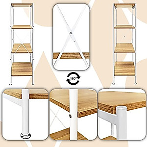 4 Tier Storage Shelves Narrow Shelf Unit Metal Shelves Shelf Free Standing Shelf Organisers Modern Shelf Ladder Shelf Bookshelf for Bathroom Kitchen Bedroom Hallway Steel & Wooden White & Beige