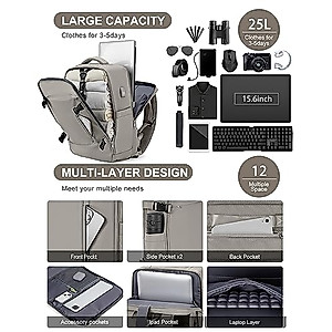 Large Travel Backpack for Women Carry On Airline Flight Approved Expandable Work Personal Item size Backpack Bag with Laptop compartment for College Men Waterproof Hiking Mochila de Viaje GreyBrown