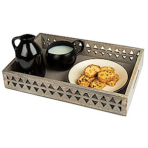 GoCraft Handmade Wooden Lattice Tray with Handles | Decorative Serving Trays for Breakfast in Bed, Ottoman, Coffee Table, Tea Party | Grey Washed Finish, Geometric Design (15" X 10")