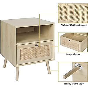 Rattan Nightstand with Drawer and Open Storage Shelves, Wood Finish End Table, Accent Side Table for Living Room, Bedroom