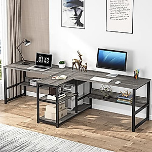 Tribesigns 94.5 inch Two Person Desk with Storage Shelves and Tiltable Tabletop, Double Computer Desk with Printer Shelf, Extra Long Double Workstation Desk Study Table for Home Office (Grey)
