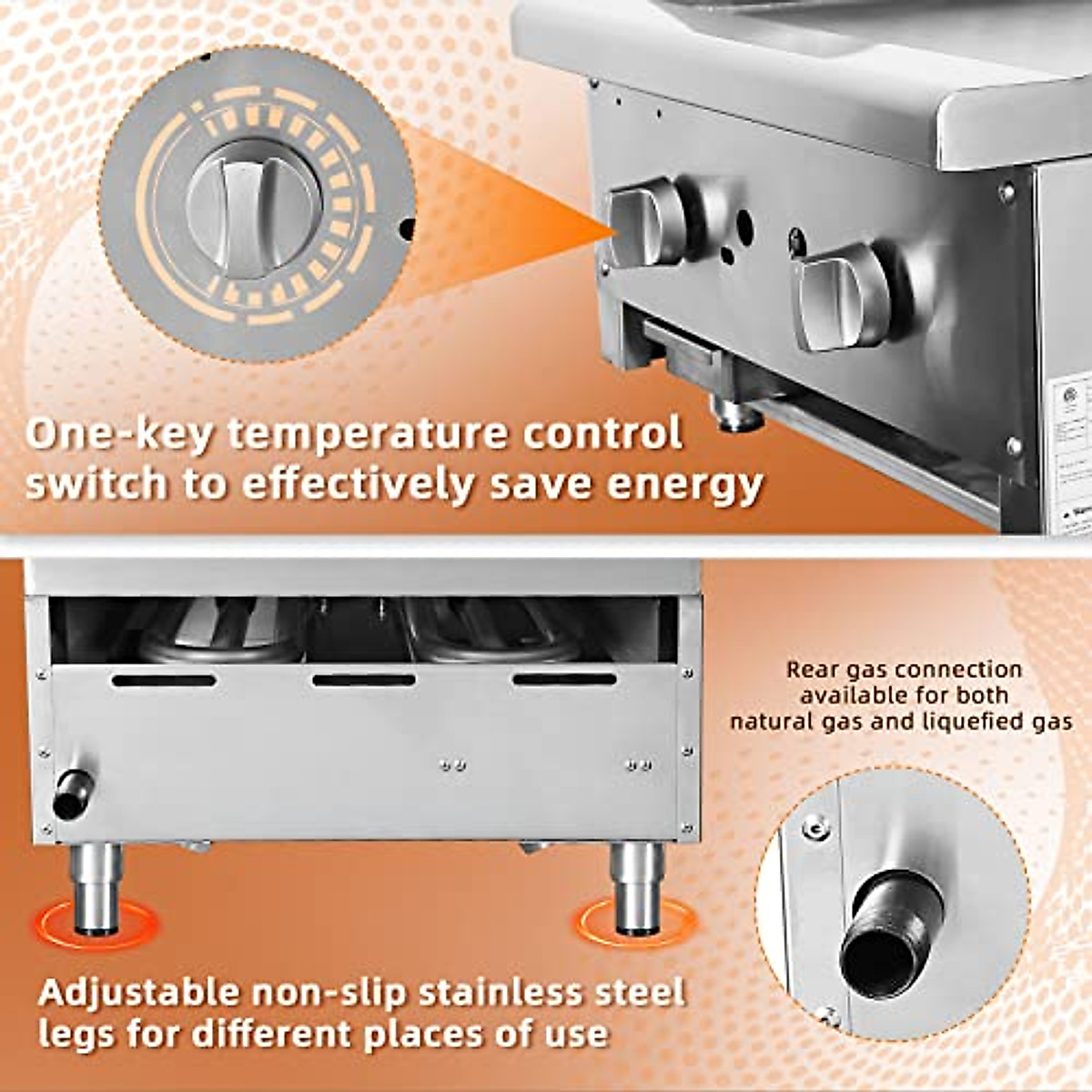 HOCCOT Commercial Propane/Natural Gas Griddle, Stainless Steel Portable Flat Top Grill, Indoor or Outdoor Cooking, Restaurant Kitchen Camping BBQ, Adjustable Temperature, 22"x25", Silver