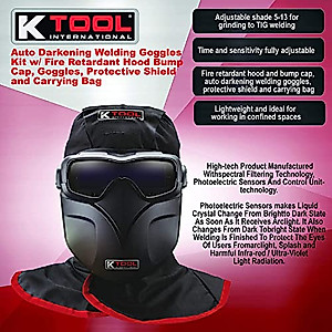K Tool International 70046 Auto Darkening Welding Goggle Kit for Garages, Repair Shops, and DIY, Lightweight, 5-13 Adjustable Shades, Fire Retardant Hood, Bump Cap, Shield and Carrying Bag, Black/Red