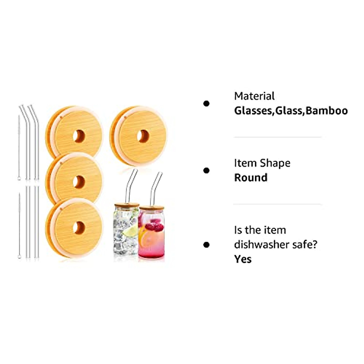 16oz Beer Glasses Lids with Straw Hole Drinking Glass Cups Anticorrosion Beer Can Cups Lids Bamboo Lids Include Reusable Glass Straight Curved Straw and Brush for Drinking Glasses (10 Pieces)