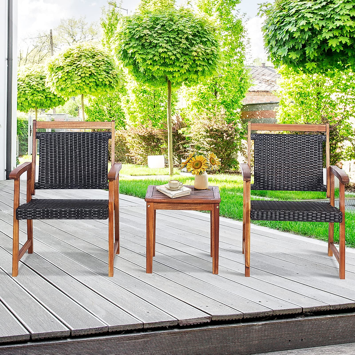 Tangkula 3-Piece Patio Acacia Wood Bistro Set, Patiojoy Outdoor Furniture Set with 2 Chairs & 1 Side Table, Weather Resistant Rattan Garden Conversation Chair Set for Pool Side, Deck, Balcony