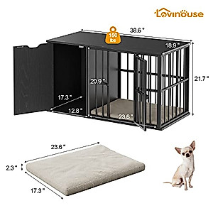 Dog Crate Furniture End Table, Wooden Dog Kennel with Cushion, Decorative Pet Crate House Cage Indoor for Small Medium Dogs, Black