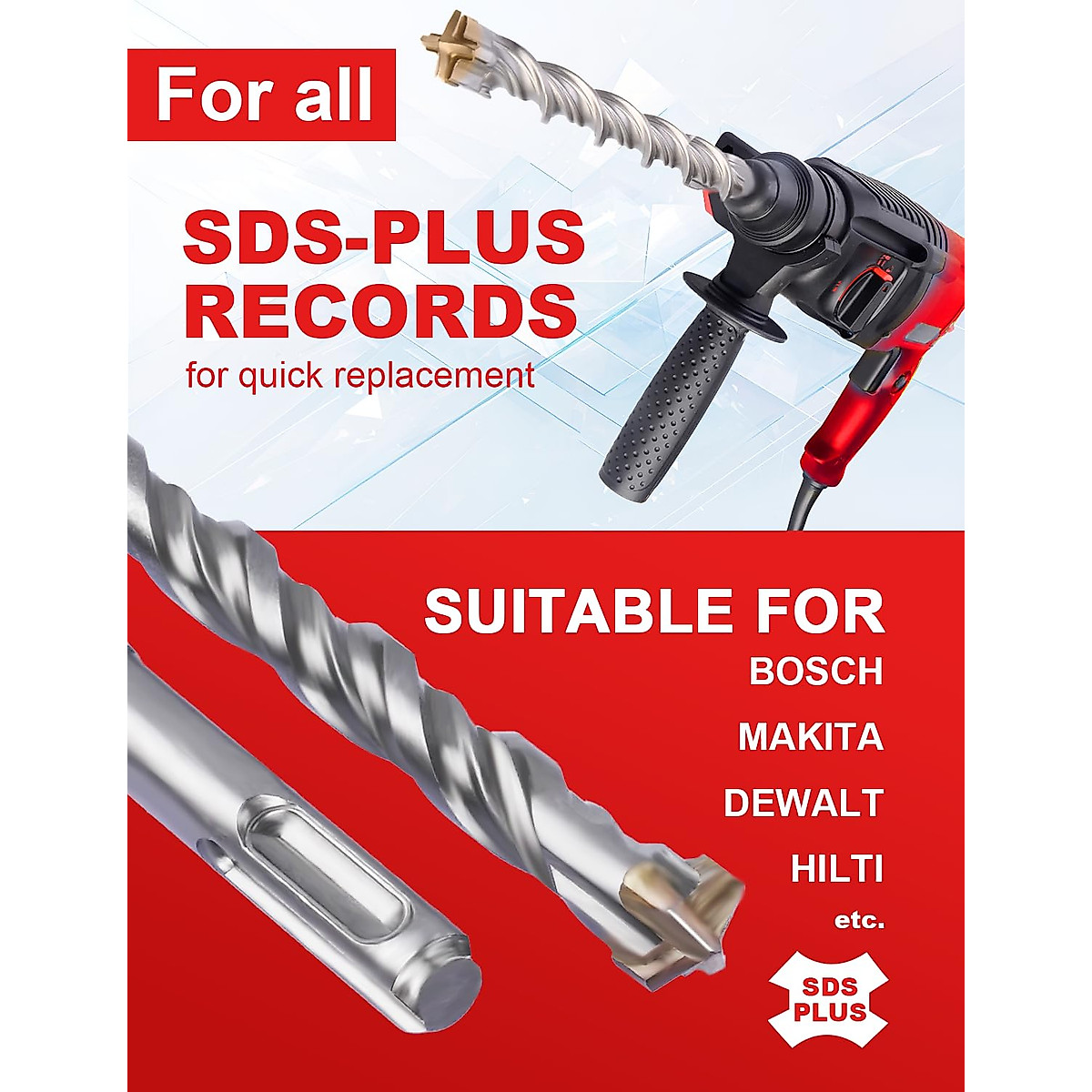 ZKH 10 Pcs SDS Plus Bits Set, (3/16'',1/4'',5/16'',3/8",1/2"), Carbide Tipped（YG8, Rotary Hammer Drill bits for Concrete, Cement, Stone, Brick, Ceramic Pots & More