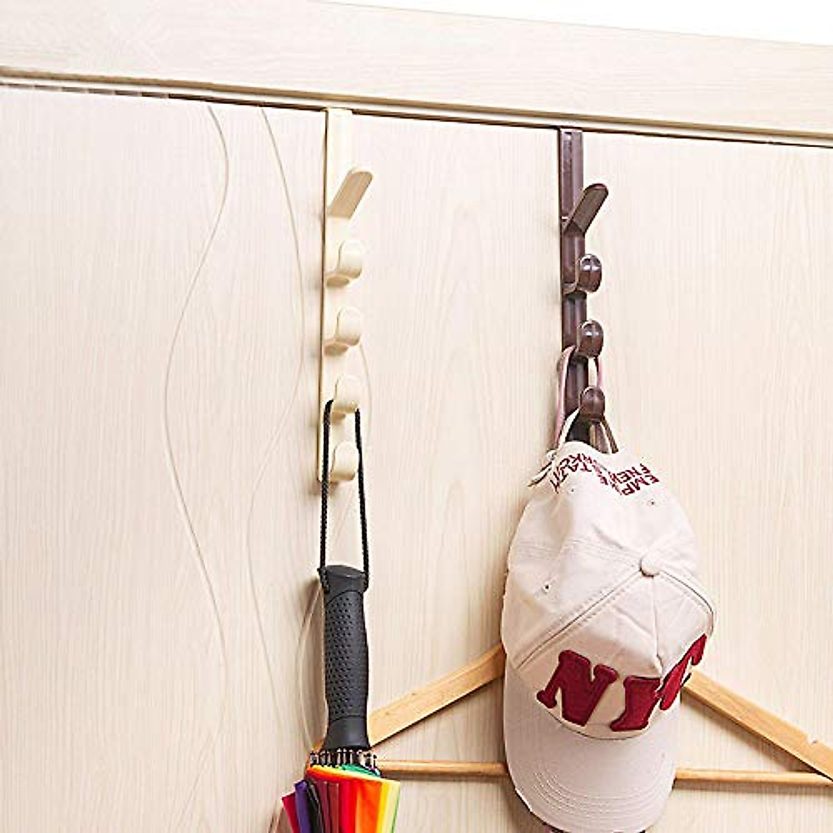 NUOMI Set of 2 Over The Door Hooks 5 Hangers Plastic Hanging Racks Organizer for Clothes, Coat, Bags, Umbrella, Hats, Brown and White
