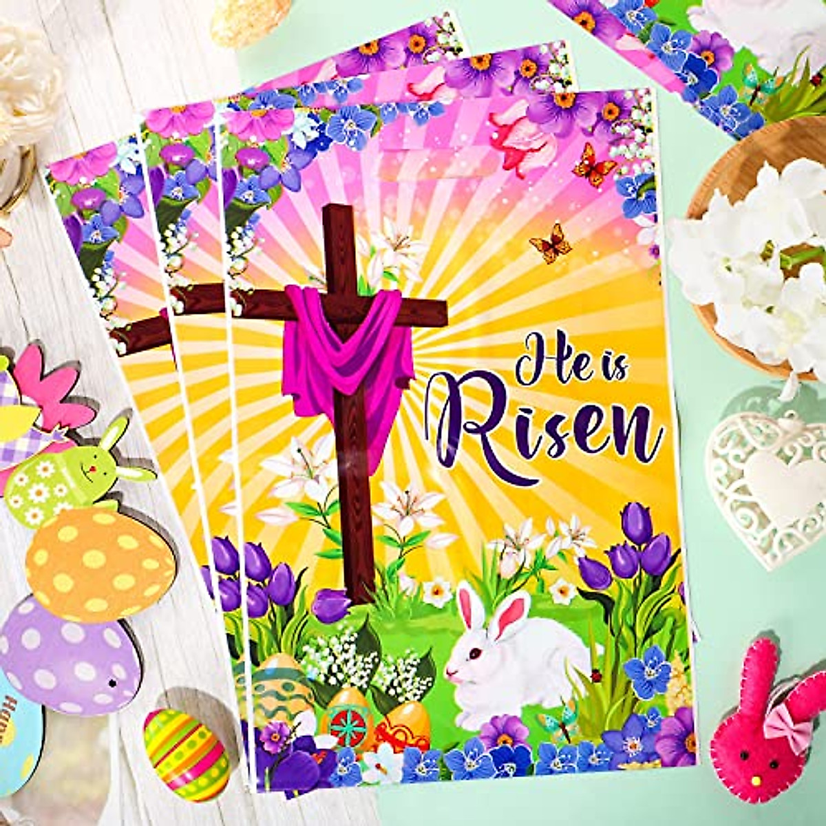 50 Pieces Easter Large Plastic Treat Bags He is Risen Party Favor Bags Easter Religious Candy Goodie Treat Gift Bags Easter Tote Bags with Handles for Easter Spring Jesus Holiday Party Favor