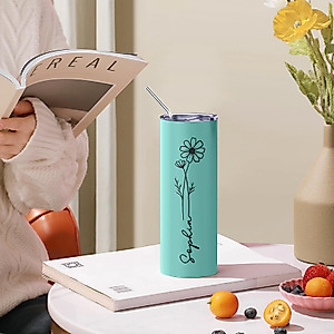 UNIGIFTIME Personalized Birth Flower Tumbler Cup with Name, Custom Skinny Tumbler with Lid and Straw 20oz Stainless Steel Coffee Tumbler Personalized Birthday Gifts and Mothers Day Gifts for Women