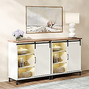 WAMPAT Multifunctional Storage Cabinet with Sliding Barn Door,LED Decorative Farmhouse Buffet Cabinet Coffee Bar Cabinet Accent Cabinet Entryway Storage Table for Living Room,Kitchen,70'',Cream White