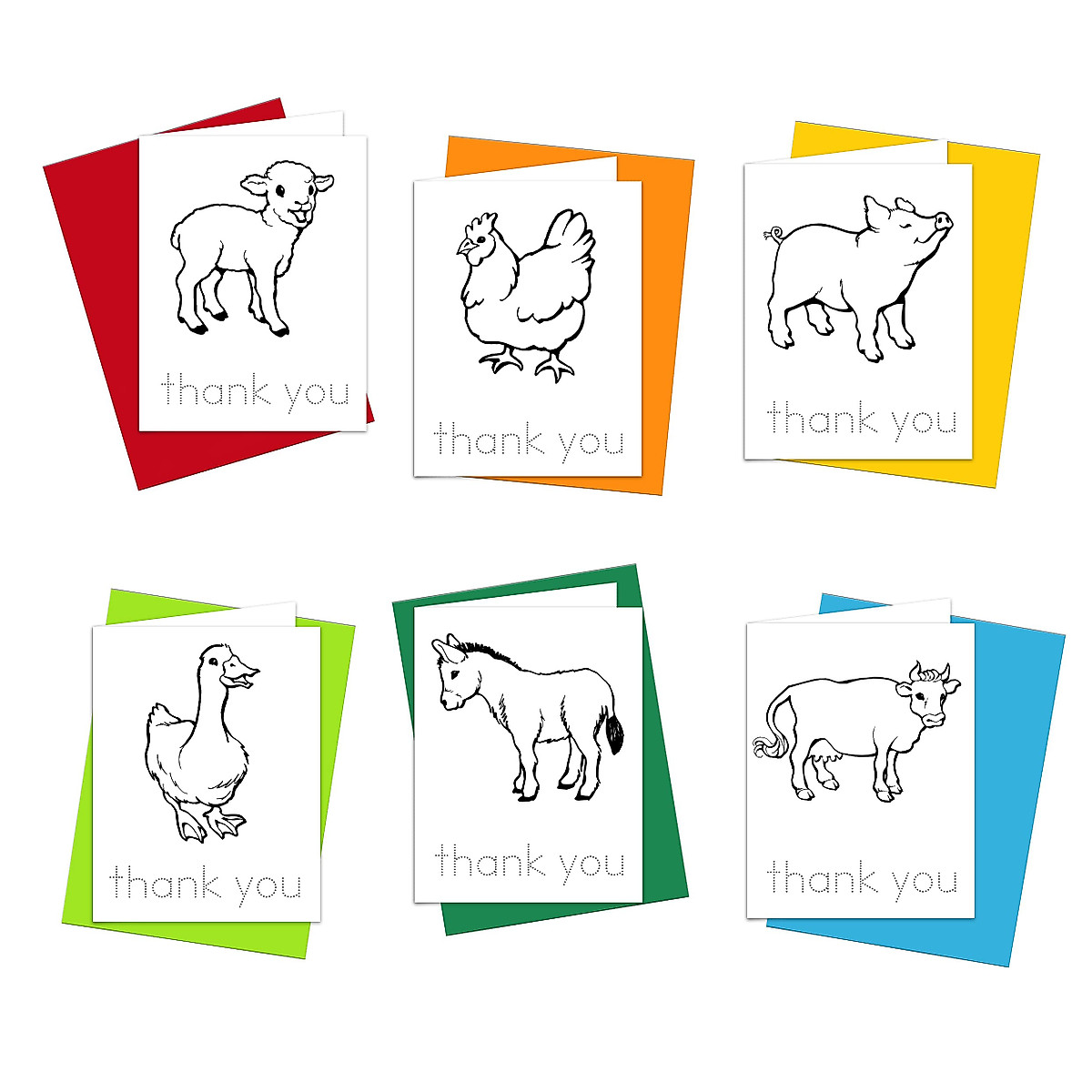 Thank You Cards: Set of 6 Thank You Notes for Kids to Color and Practice Letter Writing 100% Recycled and Made in USA (Farm Animals)
