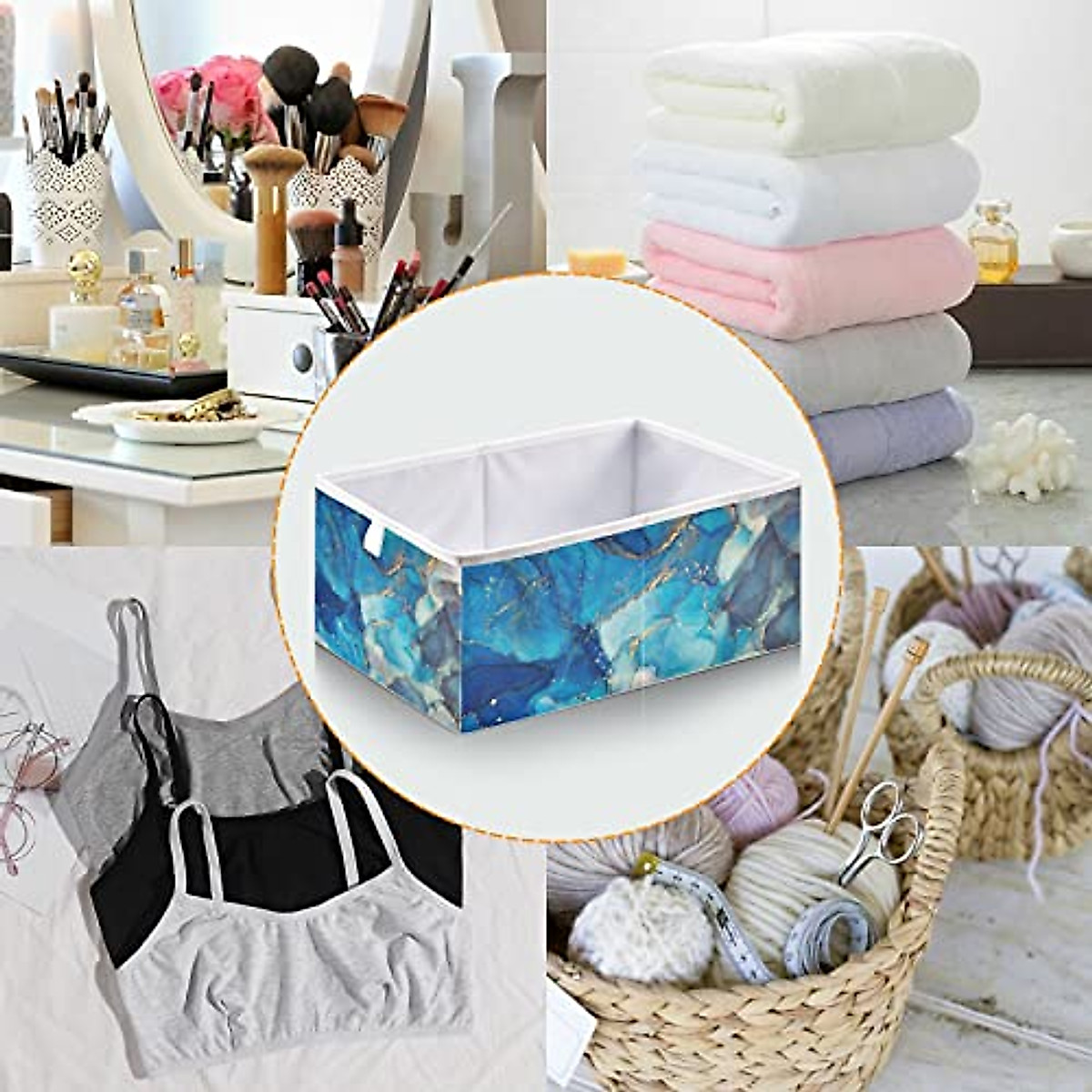 WELLDAY Storage Basket Turquoise Marble Pattern Foldable 11 x 11 x 11 in Cube Storage Bin Home Decor Organizer Storage Baskets Box for Toys, Books, Shelves, Closet, Laundry, Nursery