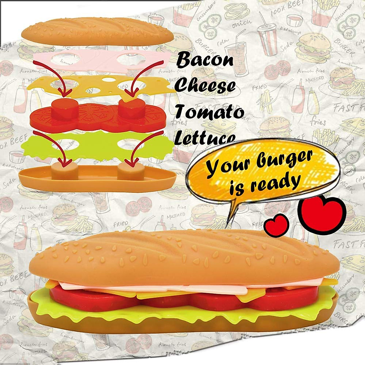 CAILLU Toddler Girls Toys Play Food Pretend Set,Food Green stem Kids Toys Burger,Boys Pretend Play