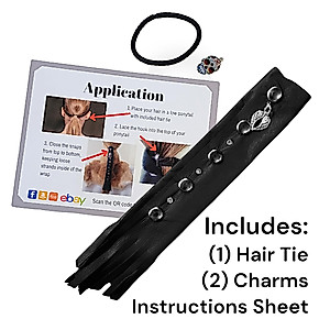 Black Leather Hair Wrap 6" inch to 22" inch - Handmade Ponytail sleeve & Protective Long Hair Saver | Colorful Bike Hair Tie Motorcycle Helmet Accessory with Fringe & Crystals | Made in USA