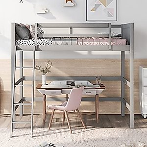 ODC Twin Loft Bed with Angle Ladder, Solid Wood Loft Bed with Safety Guardrail for Teenagers and Adults, High Loft Bed with Wooden Slats Support, No Box Spring Needed