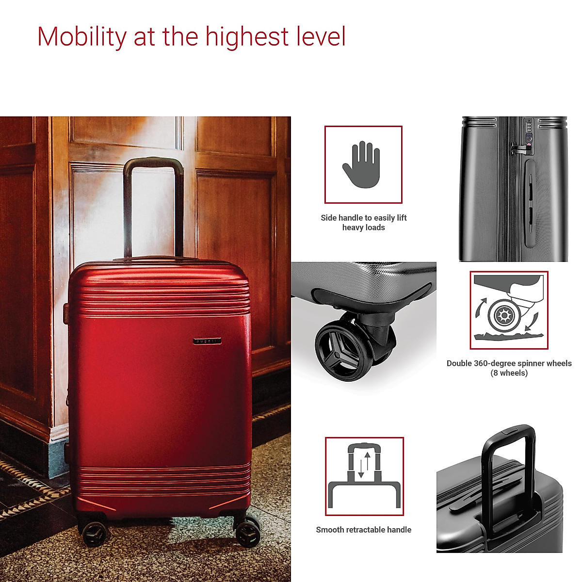 Bugatti Nashville Collection 20 Inch Hard Shell Spinner Carry On Bag for Airplanes, Hardside Expandable Suitcase with 360-Degree Spinner Wheels, Retractable Handle, Airline Approved, Charcoal