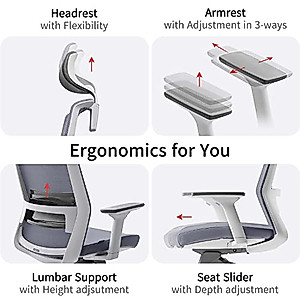 BESTUHL J17 Home Office Desk Chair - Ergonomic, High Back, 3 Lockable Recline Positions, 3-Way Armrest, Adjustable Seat Depth & Lumbar Support, Breathable Mesh Back (White and Grey)