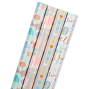 American Greetings Reversible Baby Shower Wrapping Paper, Animals and Hearts (4 Rolls, 160 sq. ft)