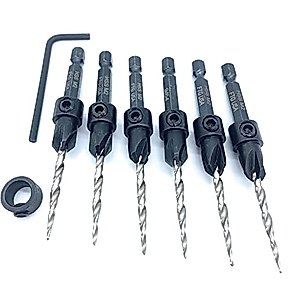 FTG USA Countersink Drill Bit Set 6 Pc #6 (9/64") Wood Countersink Drill Bit Pro Pack Countersink Set, Tapered Countersink Bit, 1 Stop Collar, Hex Wrench, Woodworking Countersink Drill Bits