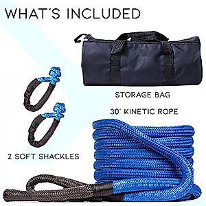 HEROX 1” x 30ft Kinetic Recovery Rope Kit - Offroad Tow Strap - Heavy Duty Tow Rope for Trucks ATV Vehicles SUV and UTV - Comes with 2 Soft Shackles and Storage Bag - Blue