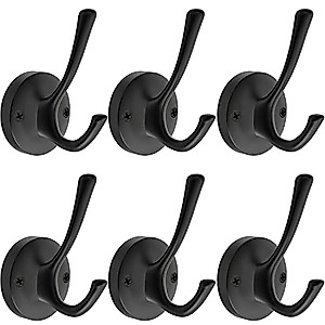 TOFIIGREM Black Wall Hooks, 6 Pack Coat Robe Hook Heavy Duty Metal Double Bath Hook Wall Mounted, Hand Towel Hooks for Cubicle Bathroom Kitchen Closet Garage