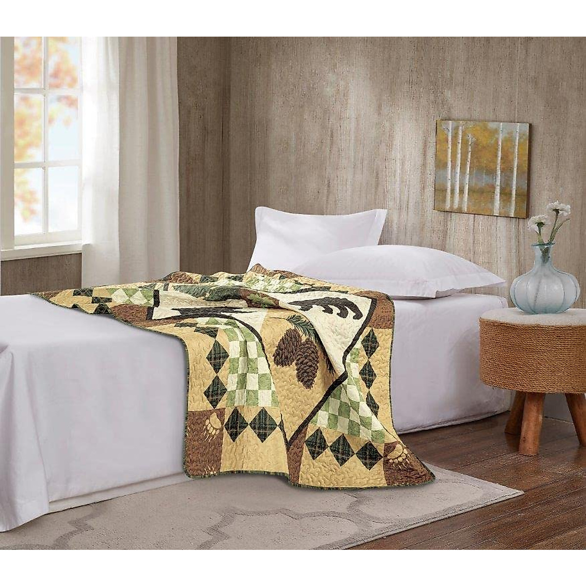 Quilted Throw Blanket by Virah Bella - 50" x 60" Four-Point Lodge Lightweight Throw Quilt Great for Loungers & Extra Bedding - Beautiful Lodge-Themed Blanket
