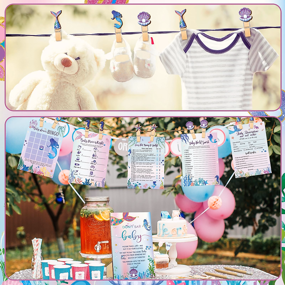 Patelai 321 Pcs Baby Shower Games Supplies, 5 Sets (50 Cards Each) Activities Cards with 20 Pencils 1 Don't Say Baby Sign 50 Clothespin(Mermaid)