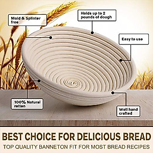 Bread Proofing Basket Set 9.6 Inch Oval and 10 Inch Round Natural Rattan Proofing Baskets with Bread Lame and Dough Scraper and Linen Liner Bread Making Tools for Professional and Home Bakers