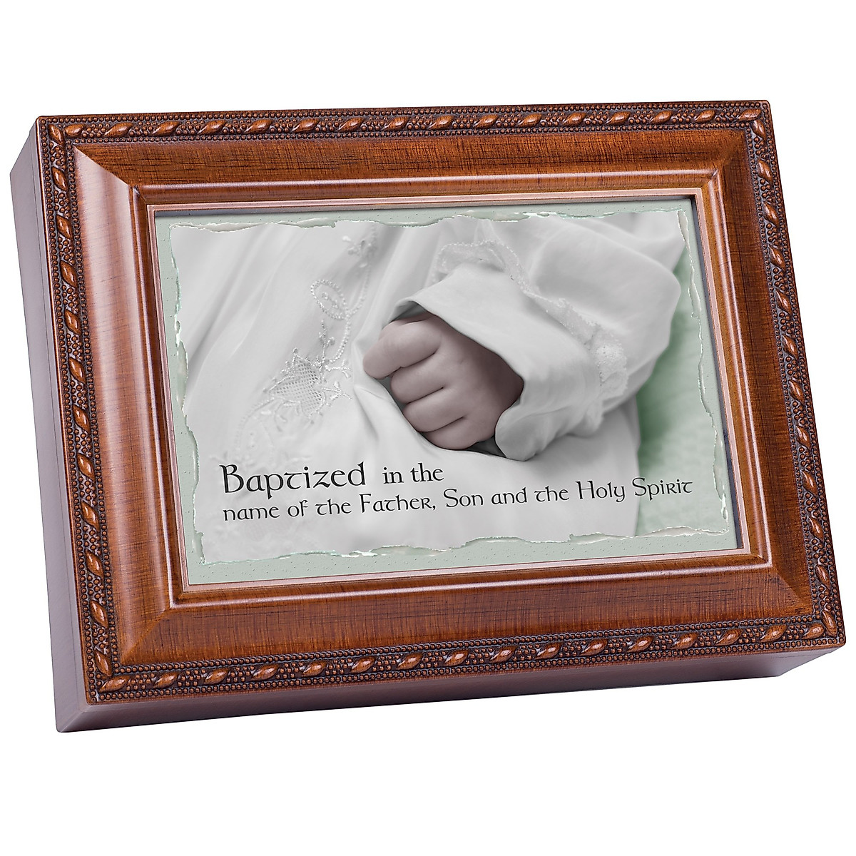 Cottage Garden Baptized Father Son Holy Spirit Woodgrain Rope Trim Jewelry Music Box Plays Jesus Loves Me