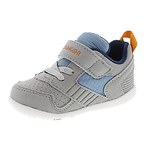 TSUKIHOSHI 2510 Racer Strap-Closure Machine-Washable Baby Sneaker Shoe with Wide Toe Box and Slip-Resistant, Non-Marking Outsole - Gray/Sea, 3.5 Infant (0-12 Months)