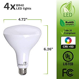 Bioluz LED 4 Pack Brightest BR40 LED Bulbs 90 CRI INSTANT ON Warm White 2700K 16W = 120W Replacement Bulb 1400 Lumen Indoor/Outdoor Smooth Dimmable Lamp UL Listed Title 20 Compliant