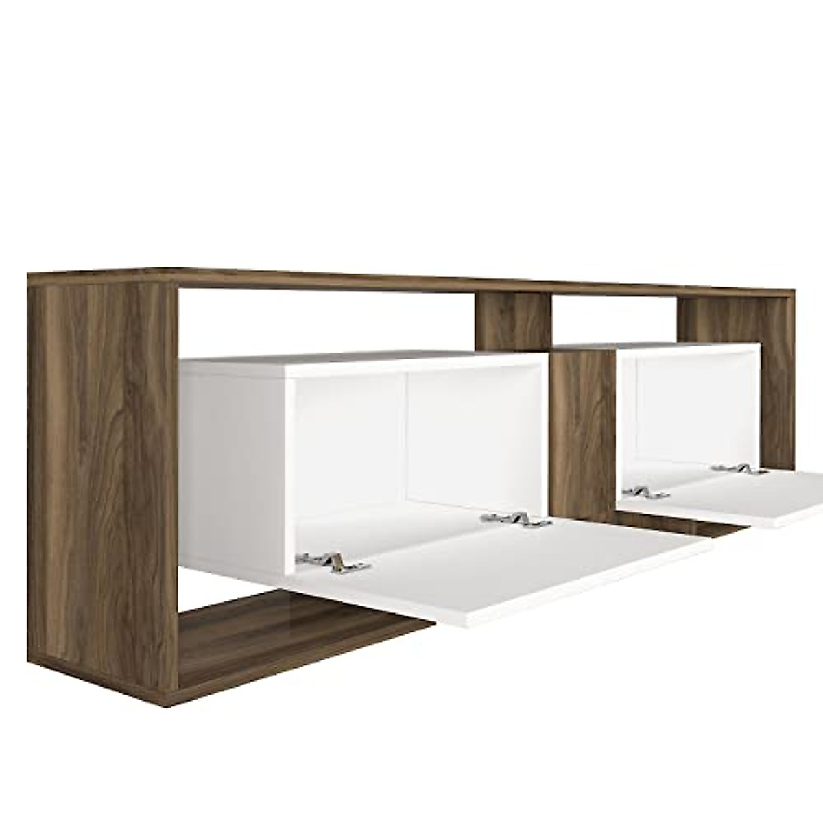 The Urban Port 71-Inch Wooden TV Console Entertainment Media Center, 2-Piece Set, Wall Mounted Floating Shelf, White and Brown
