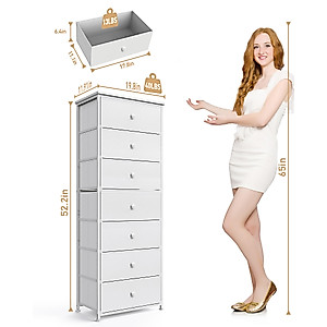 Tall Fabric Dresser for Bedroom, Vertical Storage Organizer Tower with 7 Drawers, Chest of Drawers with Bins, Steel Frame, Wood Top for Bedroom, Closet, Entryway White