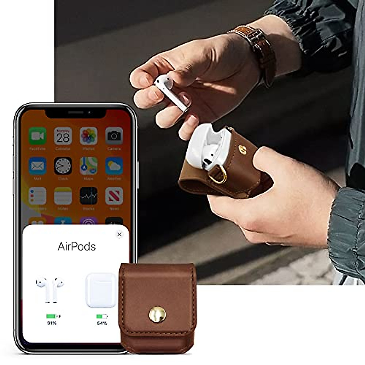 LUCKYCOIN Leather Case for Apple AirPods 1 2 Top Grain Genuine Leather Material with Wrist Lanyard Strap | Keychain Clip | Crossbody Chain | Compatible with Wireless Charging -Dark Brown