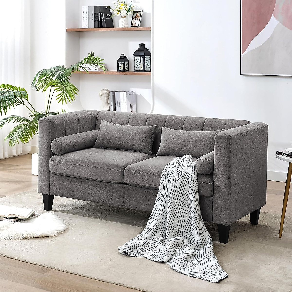 Weture 68.1 Inch Loveseat Sofa with 4 Pillows, Linen Comfy Mid Century Modern Couch for Small Spaces Bedroom, Love Seat for Living Room with Solid Wooden Frame and Padded Cushion, Gray