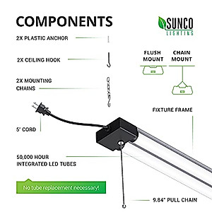 Sunco LED Workshop Black Garage Shop Light 4FT, Plug in Linkable Utility Light Fixtures, 260W=40W, 5000K Daylight, Frosted Lens, Pull Chain, Hanging/Mounted, 4100 LM - ETL Energy Star 2 Pack