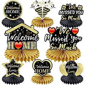 Pimvimcim Welcome Home Decorations, 8pcs We Missed You So Much Table Honeycomb Centerpiece Decor, Welcome Back Home Family Party Supplies, Patriotic Military Homecoming Deployment Returning Back Sign