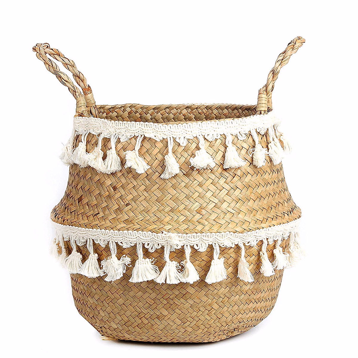 BlueMake Tassel Macrame Woven Seagrass Belly Basket for Storage, Decoration, Laundry, Picnic, Plant Basin Cover, Groceries and Toy Storage (Large, Tassel)