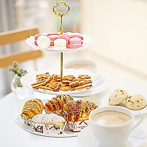 Tosnail 3 Pack 3 Tiers White Plastic Cupcake Stand Dessert Stand Tiered Serving Trays with 3 Styles Gold Rod, Party Serving Trays Fruit Pastry Holders for Wedding and Party - Heart and Flower Embossed