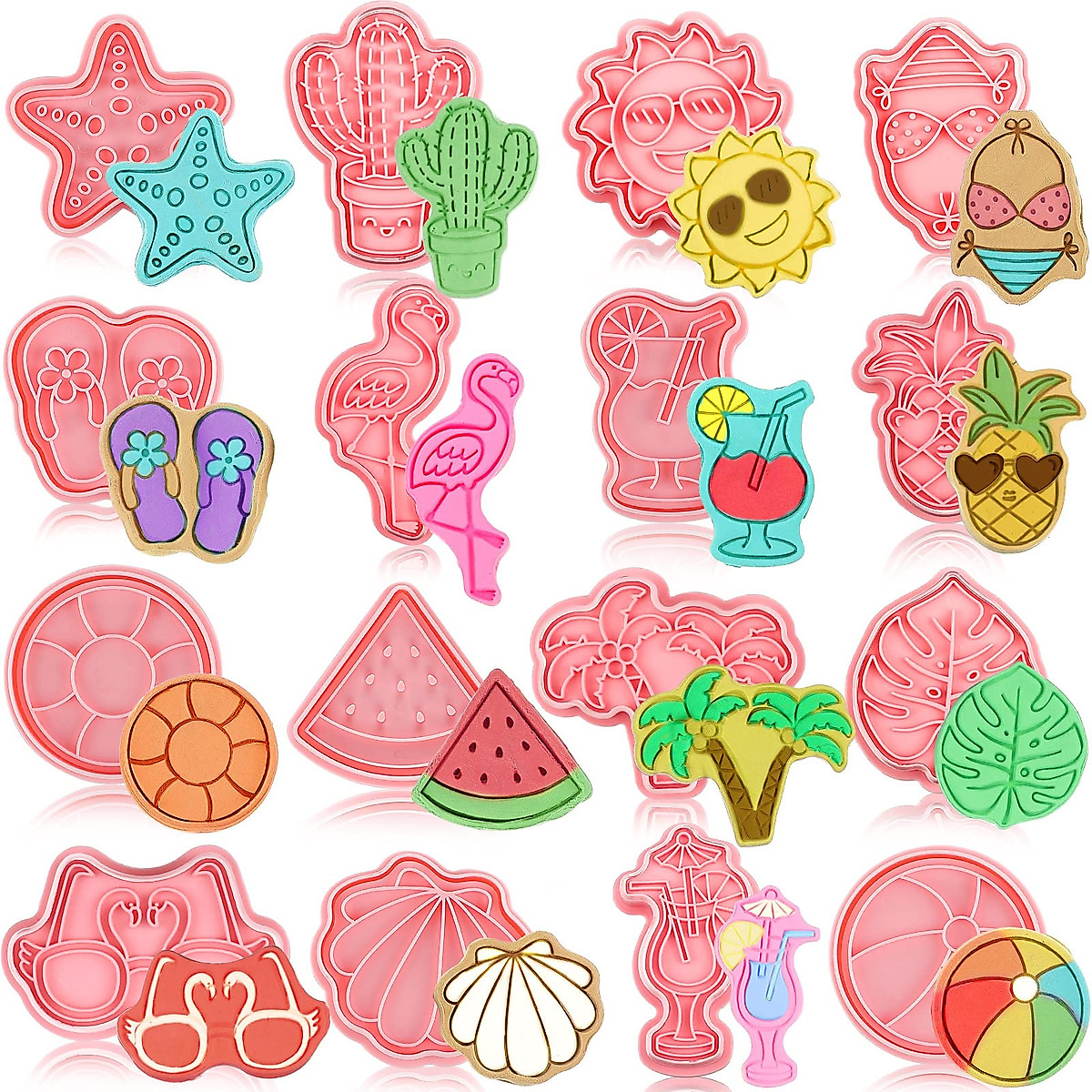 16 Pcs Summer Beach Cookie Cutters with Plunger Stamps Set Hawaiian Biscuit Mold 3D Fondant Cookie Stamper Pineapple Flamingo Cactus Sun Starfish Seashell Palm Tree for Baking Supplies